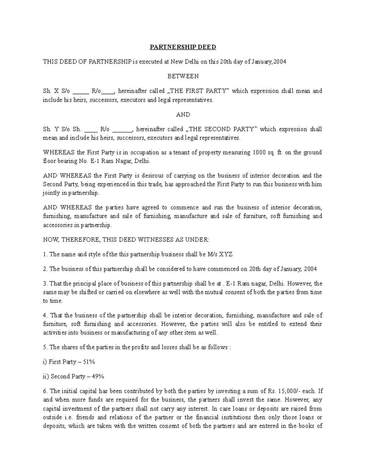 Partnership deed - FORMAT - PARTNERSHIP DEED THIS DEED OF PARTNERSHIP ...