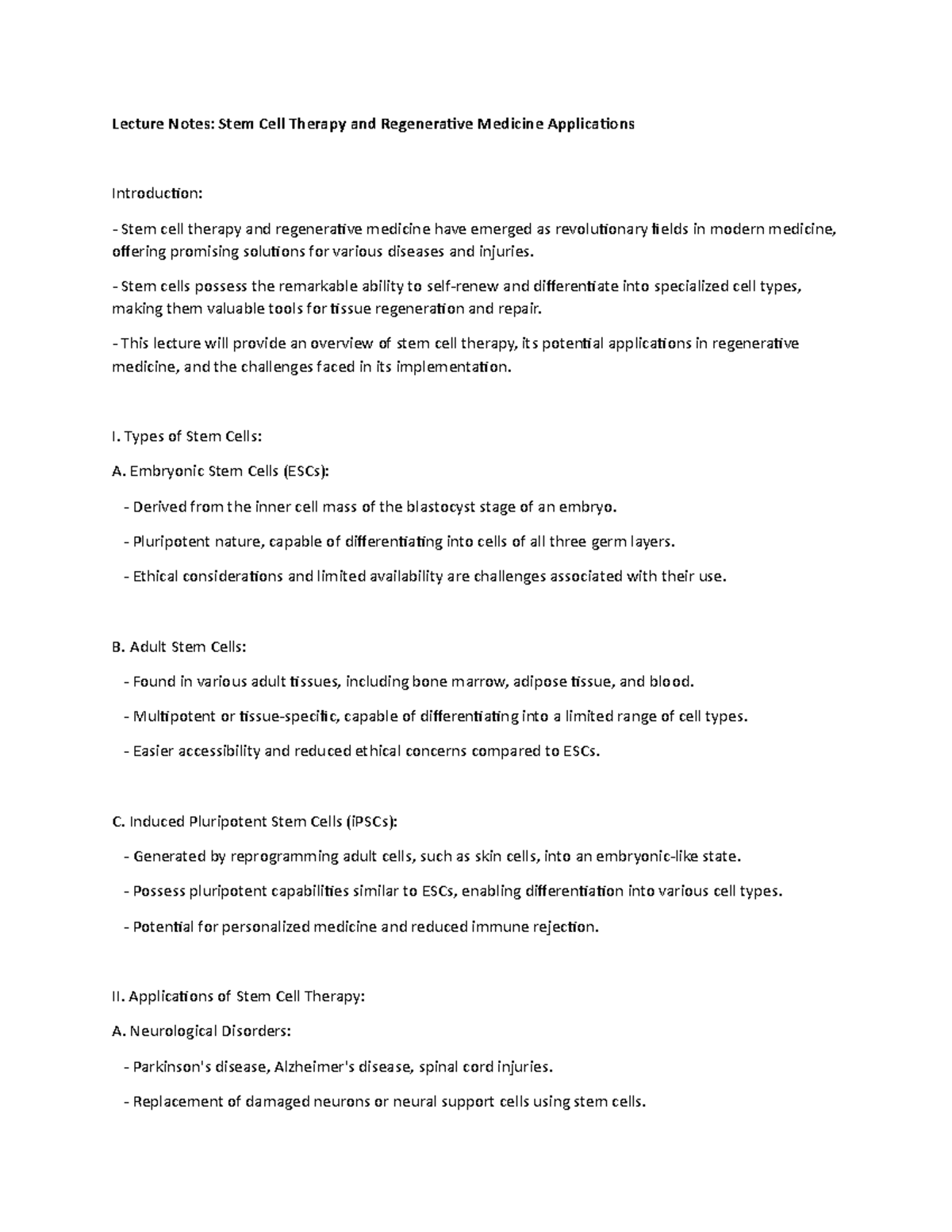 Lecture Notes Stem Cell Therapy And Regenerative Medicine Applications