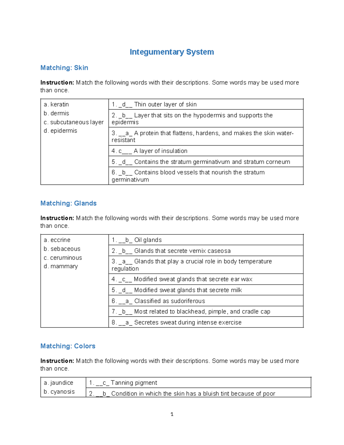 Homework week 2first - m,, - Integumentary System Matching: Skin ...