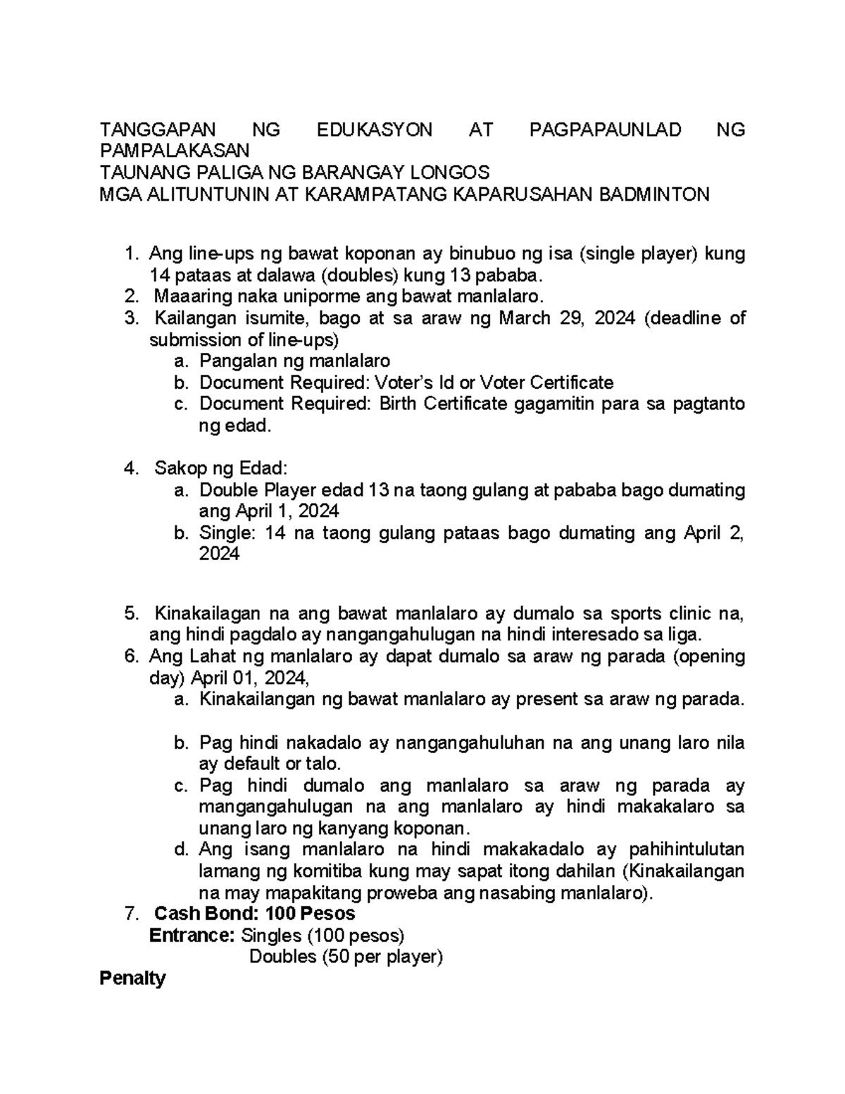 Rules and regulation other sports - TANGGAPAN NG EDUKASYON AT ...