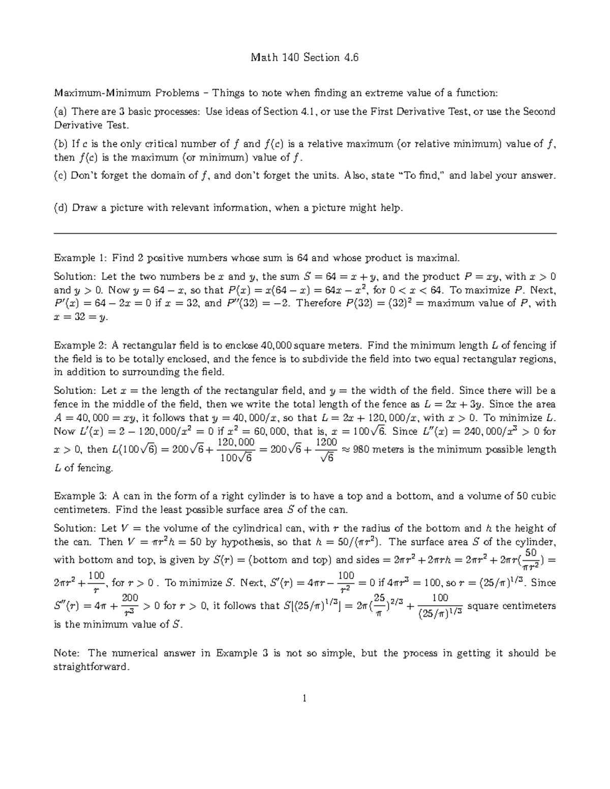 M140 S4 - Denny Gulick practice problems - Math 140 Section 4. Maximum-Minimum Problems – Things ...