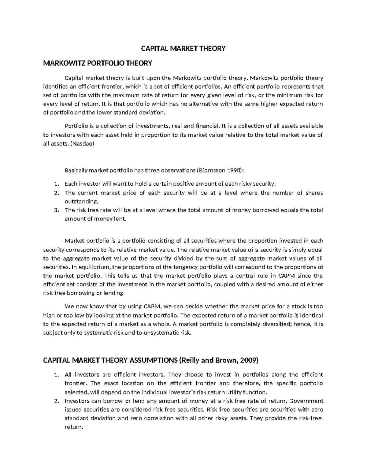 Chapter 8 Capital Market Theory - CAPITAL MARKET THEORY MARKOWITZ PORTFOLIO THEORY Capital ...