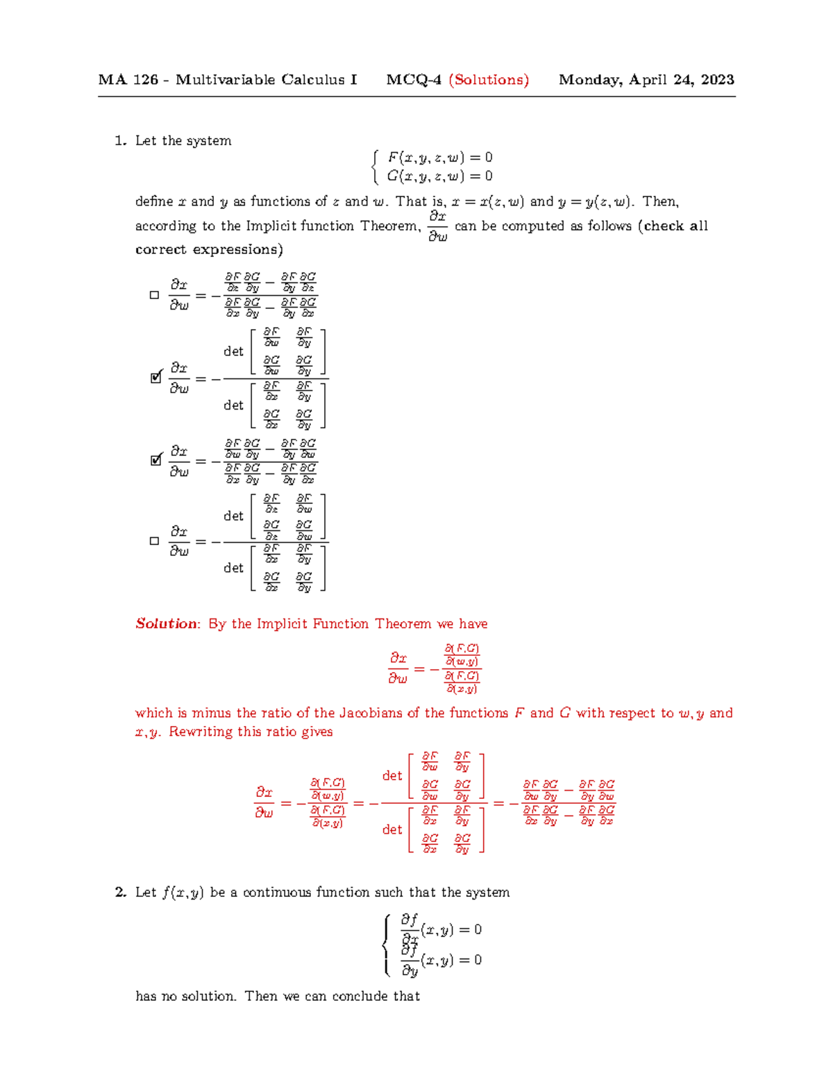 MCQ-4 v2 sol - weekly practice problems for each lesson - MA 126 ...