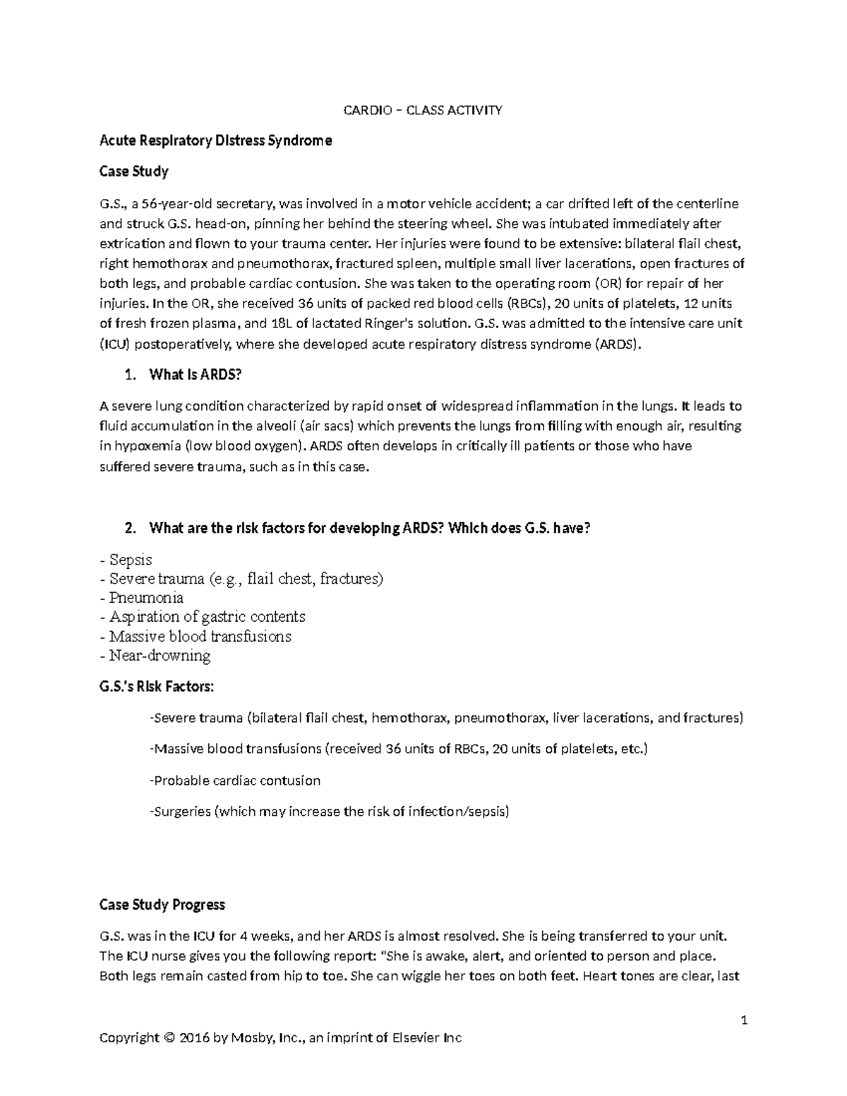ARDS case study - CARDIO – CLASS ACTIVITY Acute Respiratory Distress ...