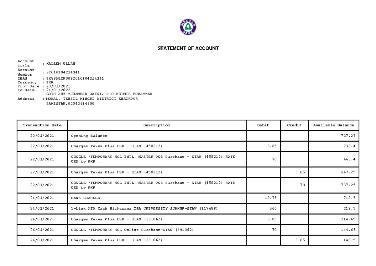 Account Full Statement - STATEMENT OF ACCOUNT 29/06/2021 Charges Taxes ...