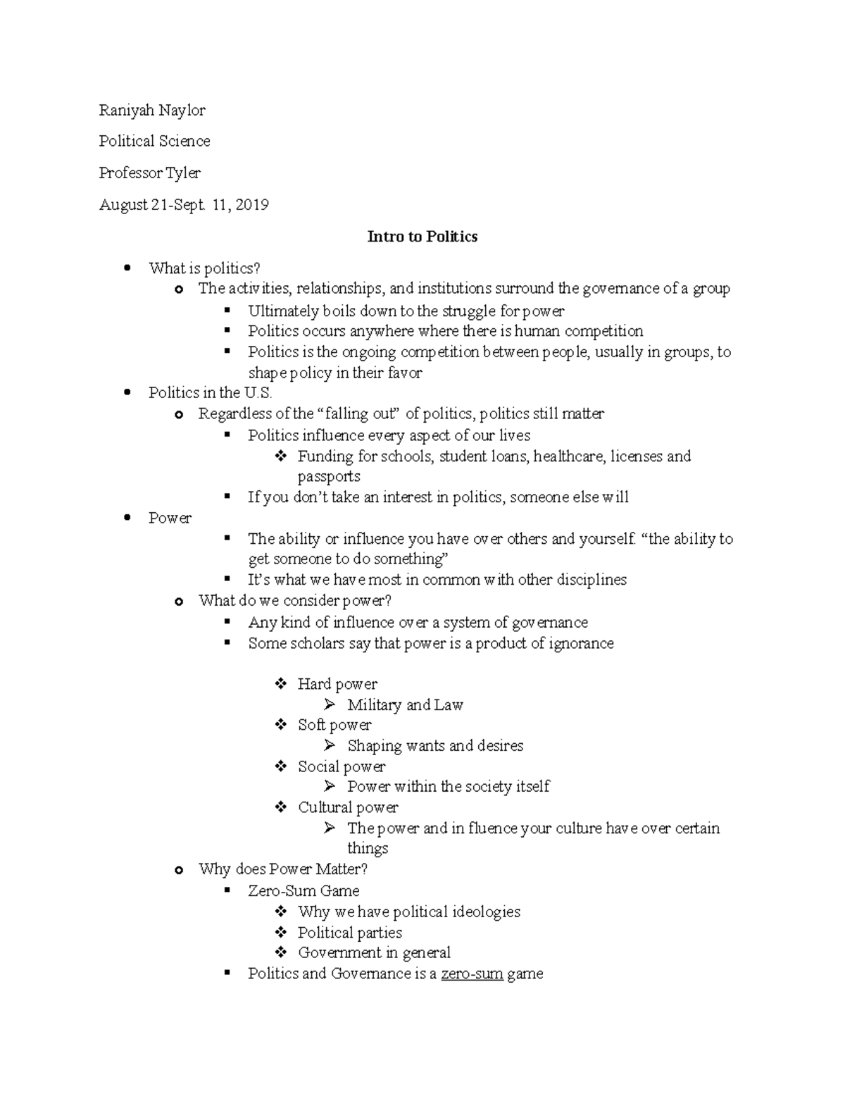POL 100 Notes 1 - Raniyah Naylor Political Science Professor Tyler ...