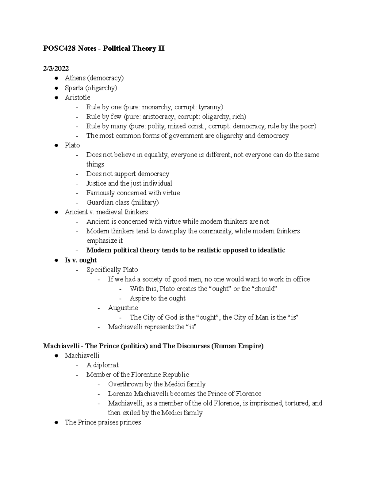 POSC428 - Political Theory II Notes - POSC428 Notes - Political Theory ...
