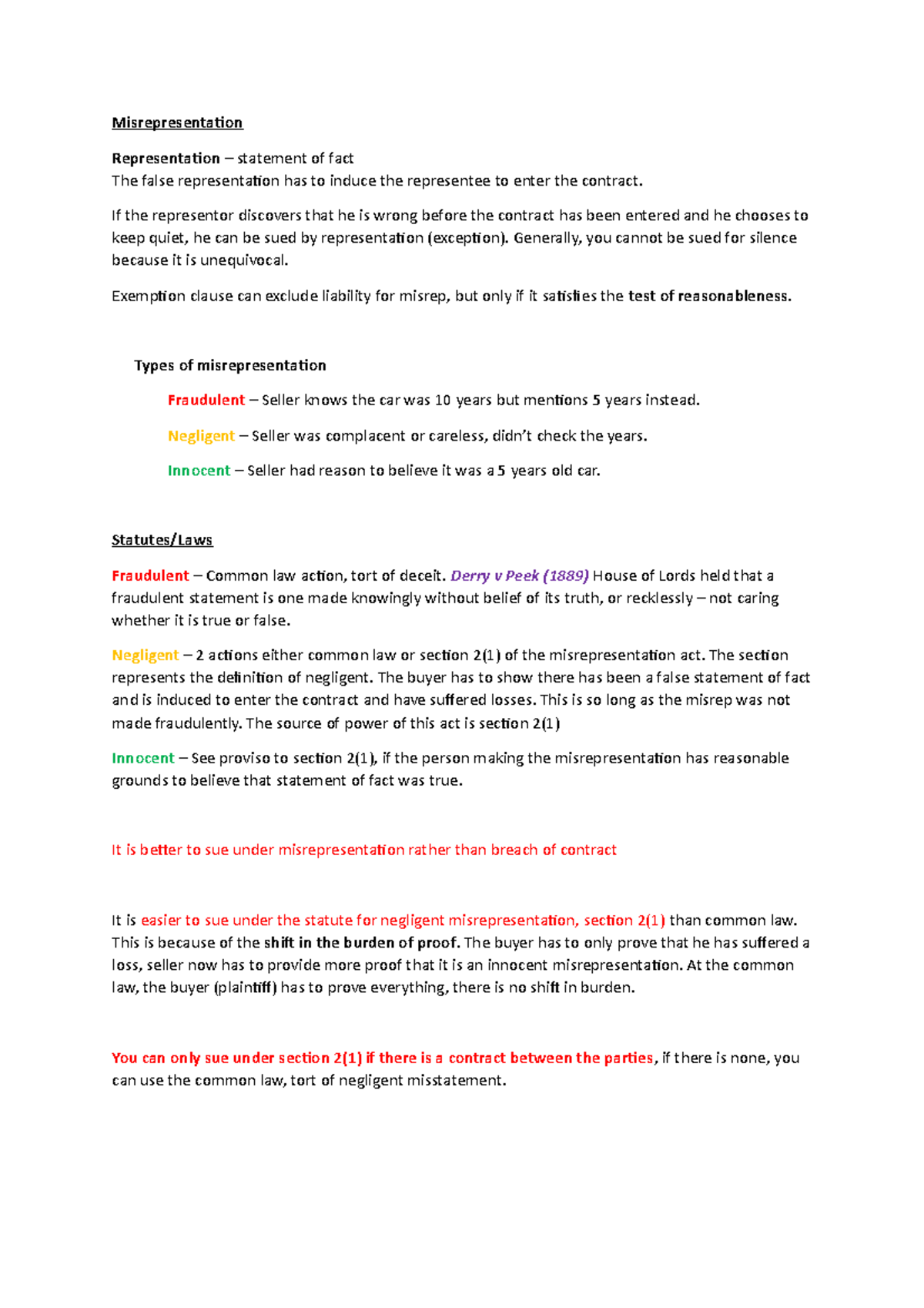 Week 6 Notes - Summary Business Law - Misrepresentation Representation ...