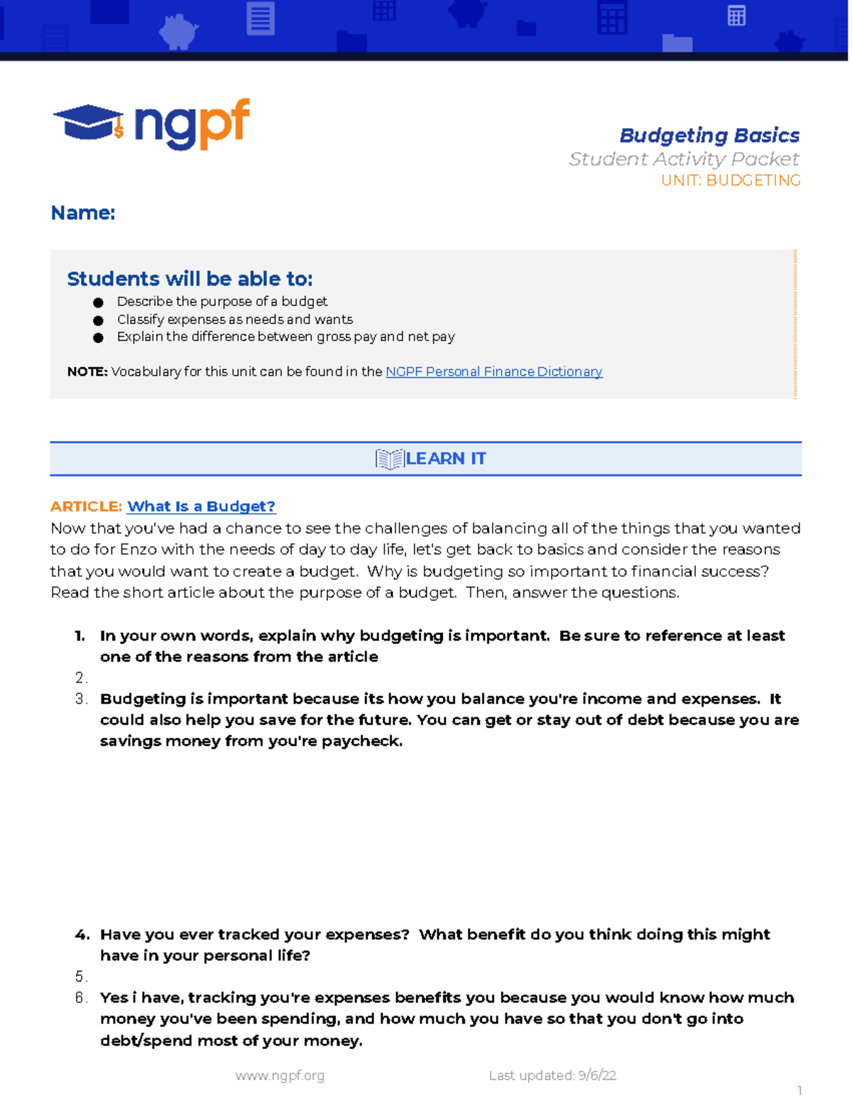 Budgeting Basics Student Activity Packet - Budgeting Basics Student ...