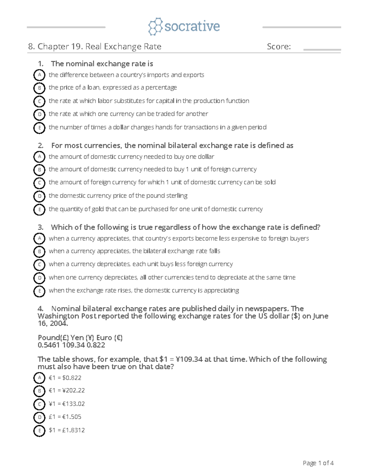Quiz 8chapter 19realexchangerate - 8. Chapter 19. Real Exchange Rate ...