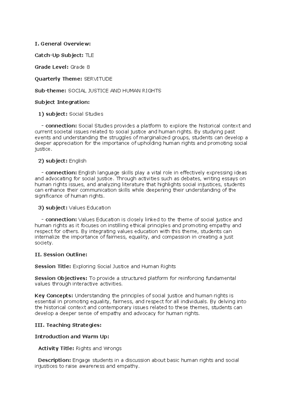 Catch up fridays - I. General Overview: Catch-Up Subject: TLE Grade ...