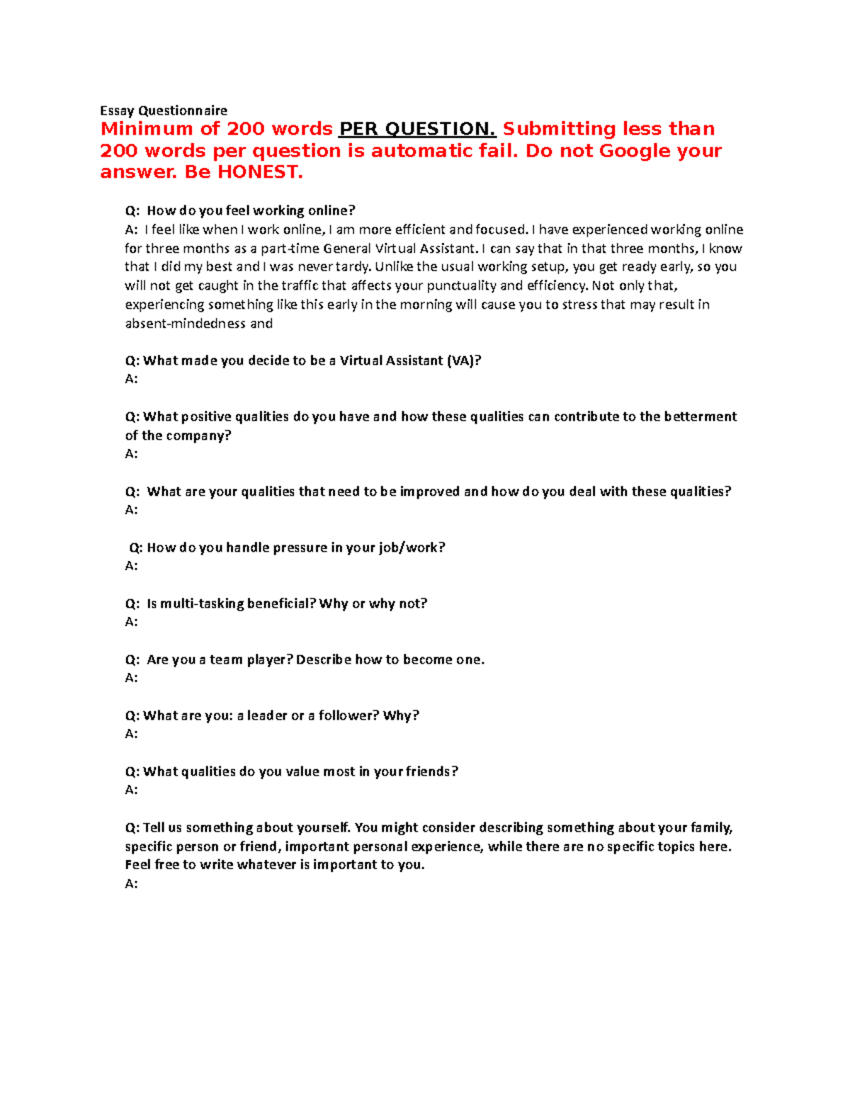 2020 Essay Questionnaire - Essay Questionnaire Minimum of 200 words PER ...
