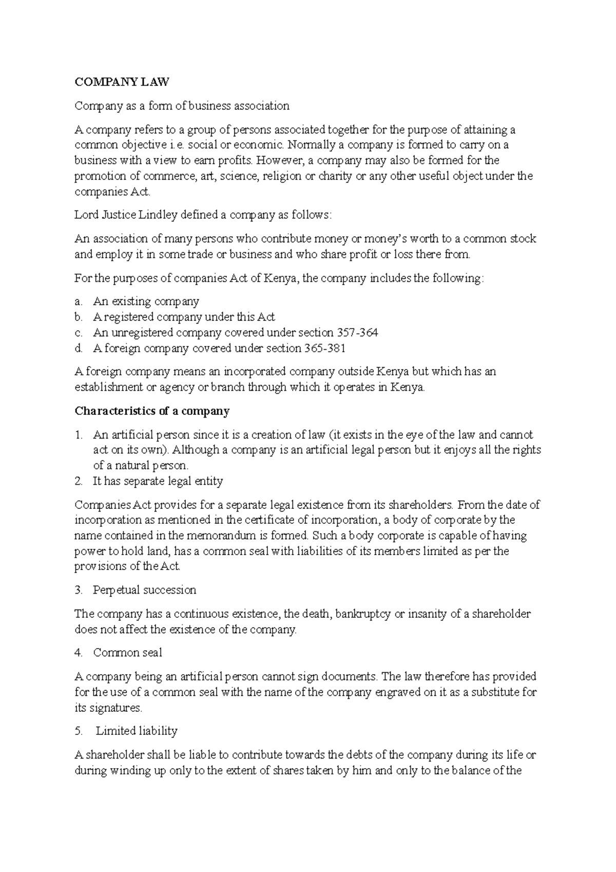 Company LAW - COMPANY LAW Company as a form of business association A ...