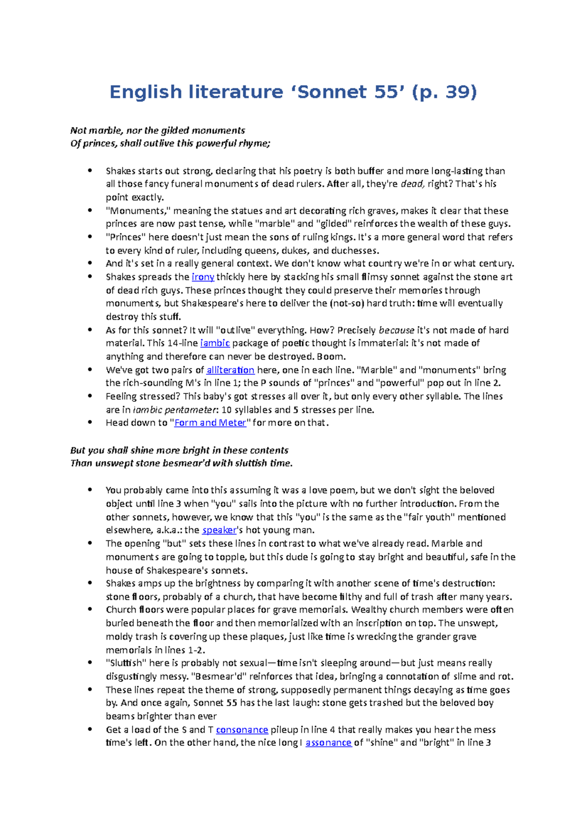 English literature ‘Sonnet 55’ - 39) Not marble, nor the gilded ...