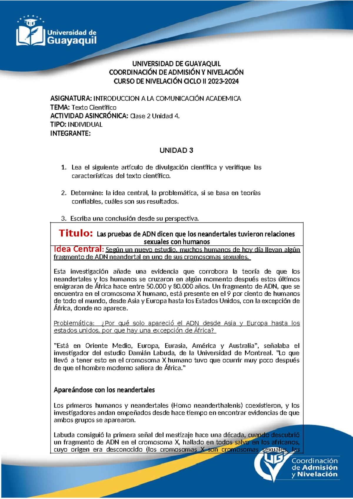 Tarea - U4 - Clase 2 - S6 - UNIVERSIDAD DE GUAYAQUIL COORDINACIÓN DE ADMISIÓN Y NIVELACIÓN CURSO ...