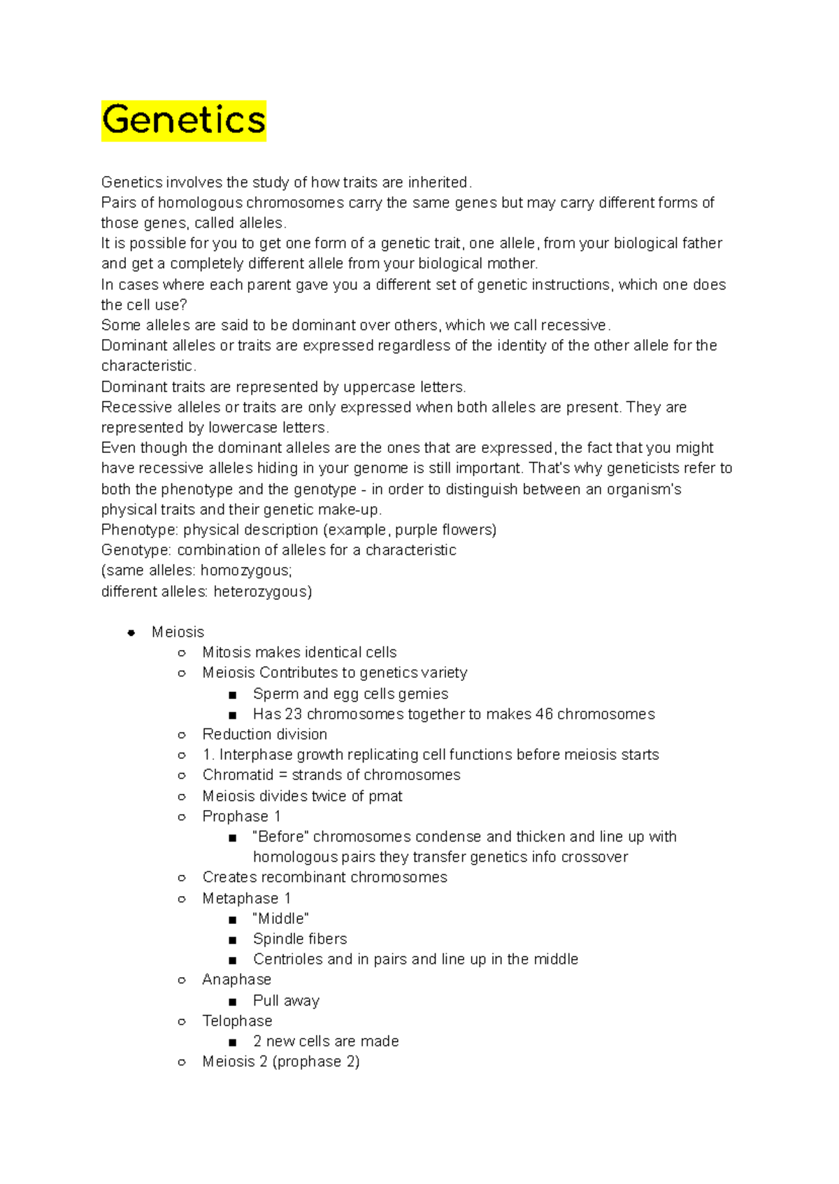 Vend - Biology notes - Genetics Genetics involves the study of how ...