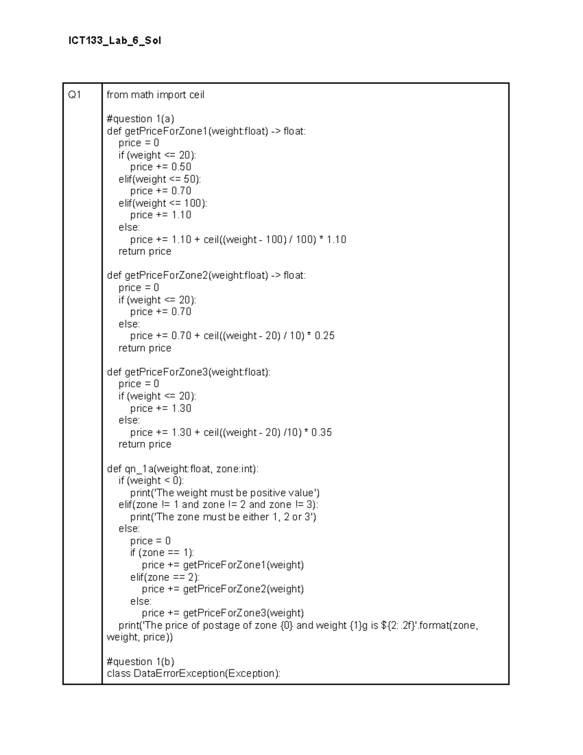 ICT133 Lab 6 Sol - Tutorial - Q1 from math import ceil #question 1(a) def - Studocu