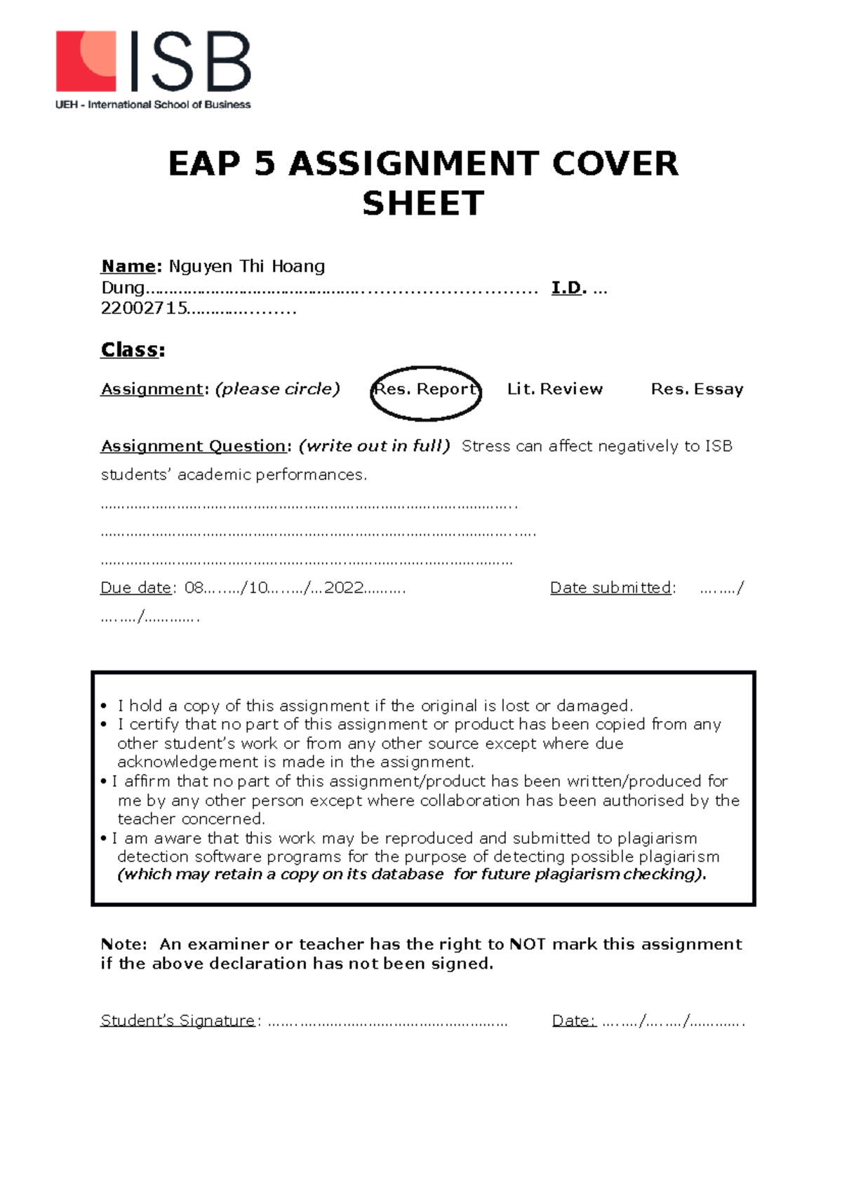 EAP5 Assignment cover sheet with UEH logo 09 - EAP 5 ASSIGNMENT COVER SHEET Name: Nguyen Thi ...