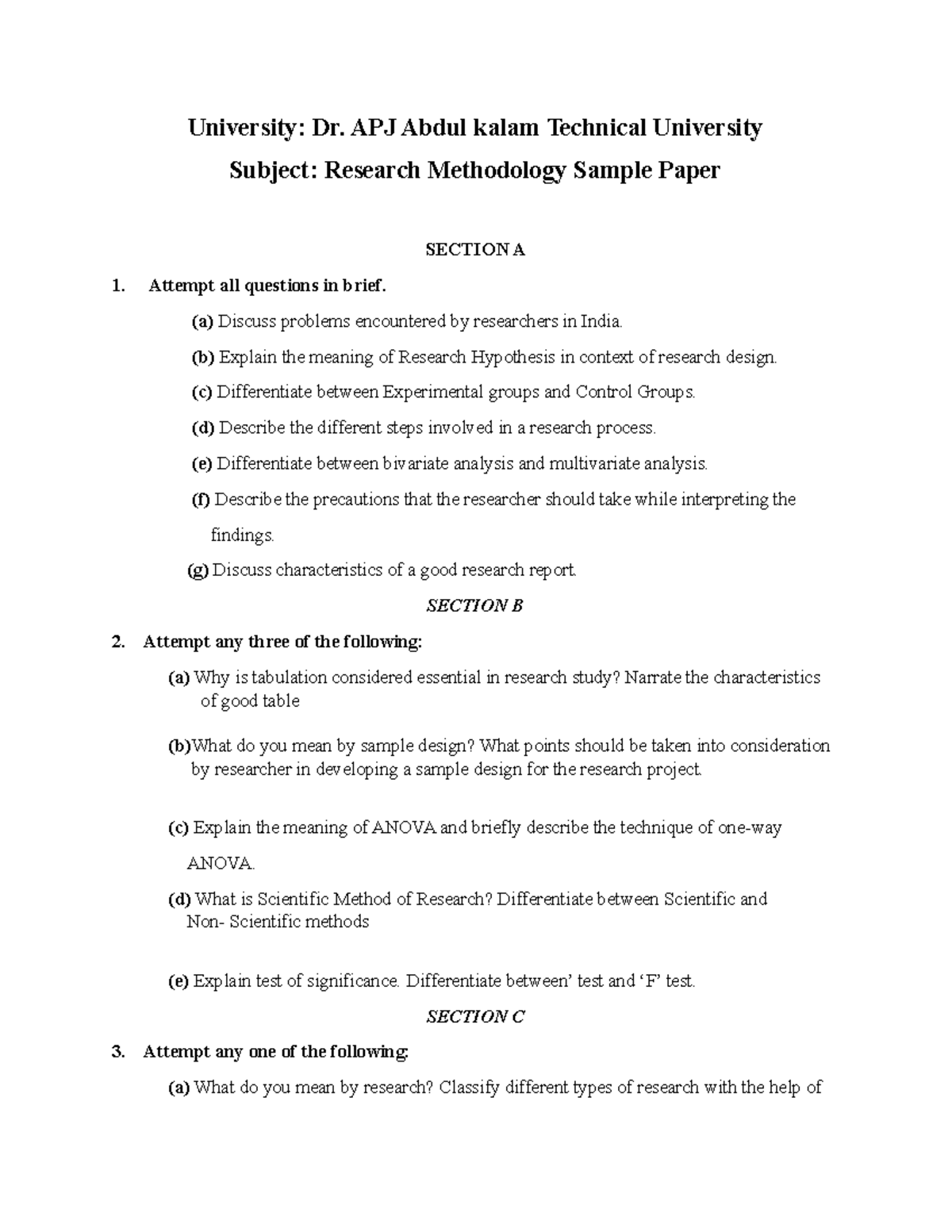 Research sample question paper - University: Dr. APJ Abdul kalam ...