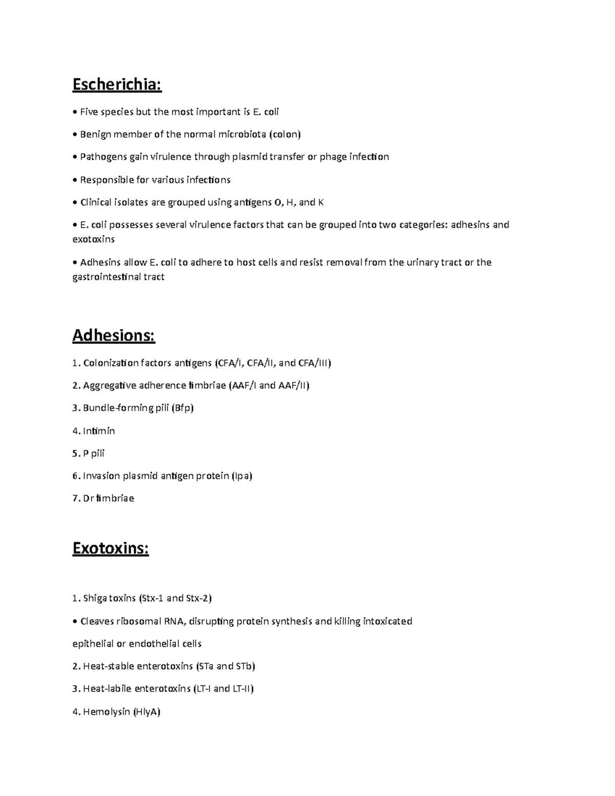 Enterics - E.coli lecture notes - Escherichia: Five species but the ...