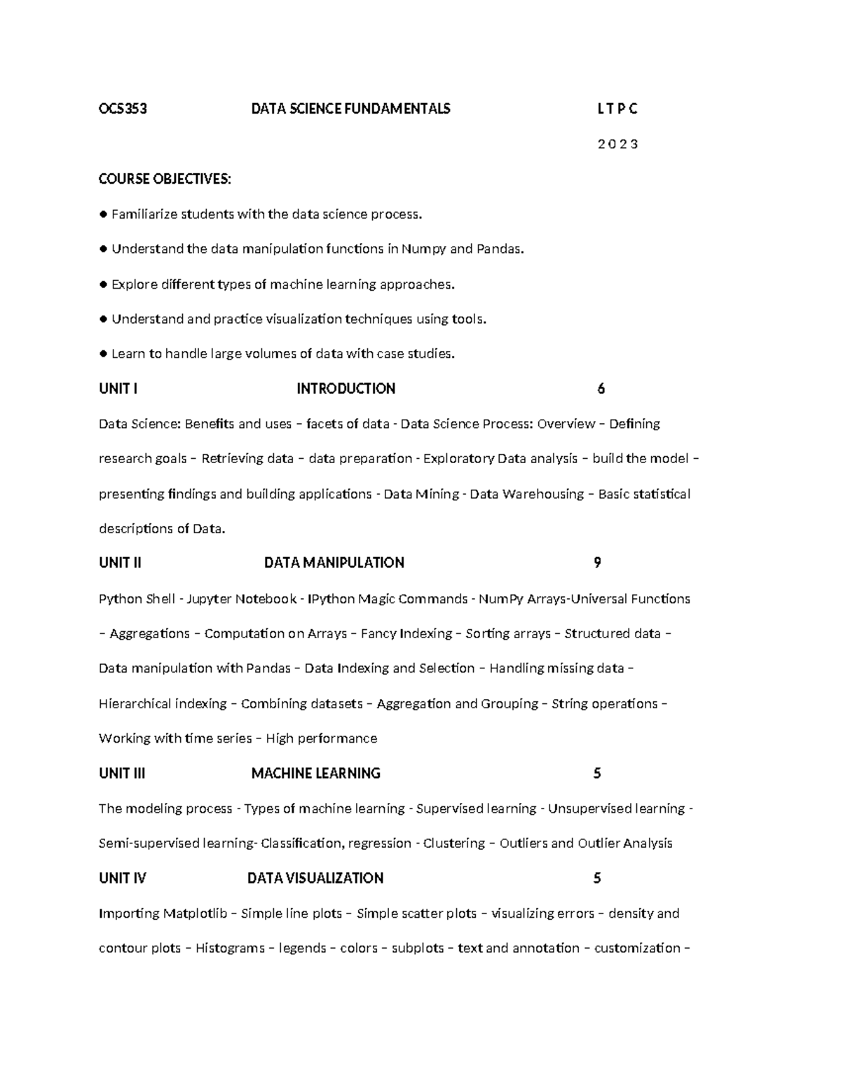Ocs353 Data Science Fundamentals L T P C Ocs353 Data Science