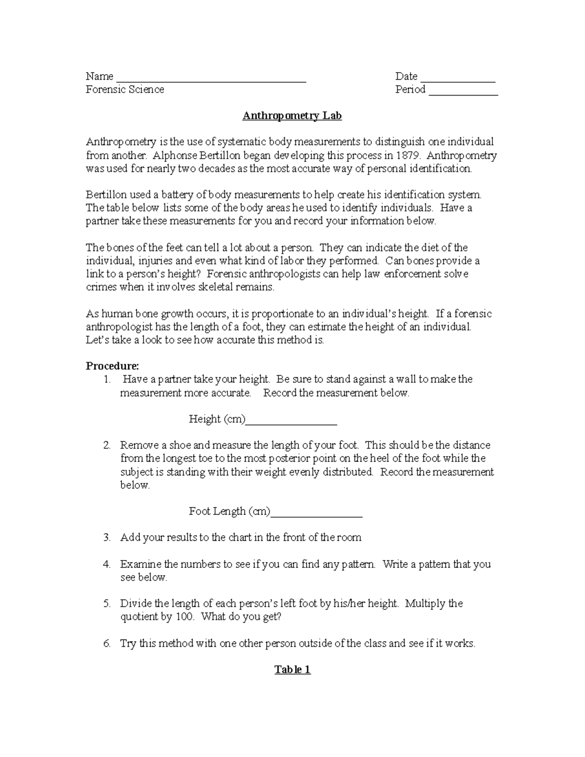 - Anthropometry Activity - Name _________________________________ Date ...