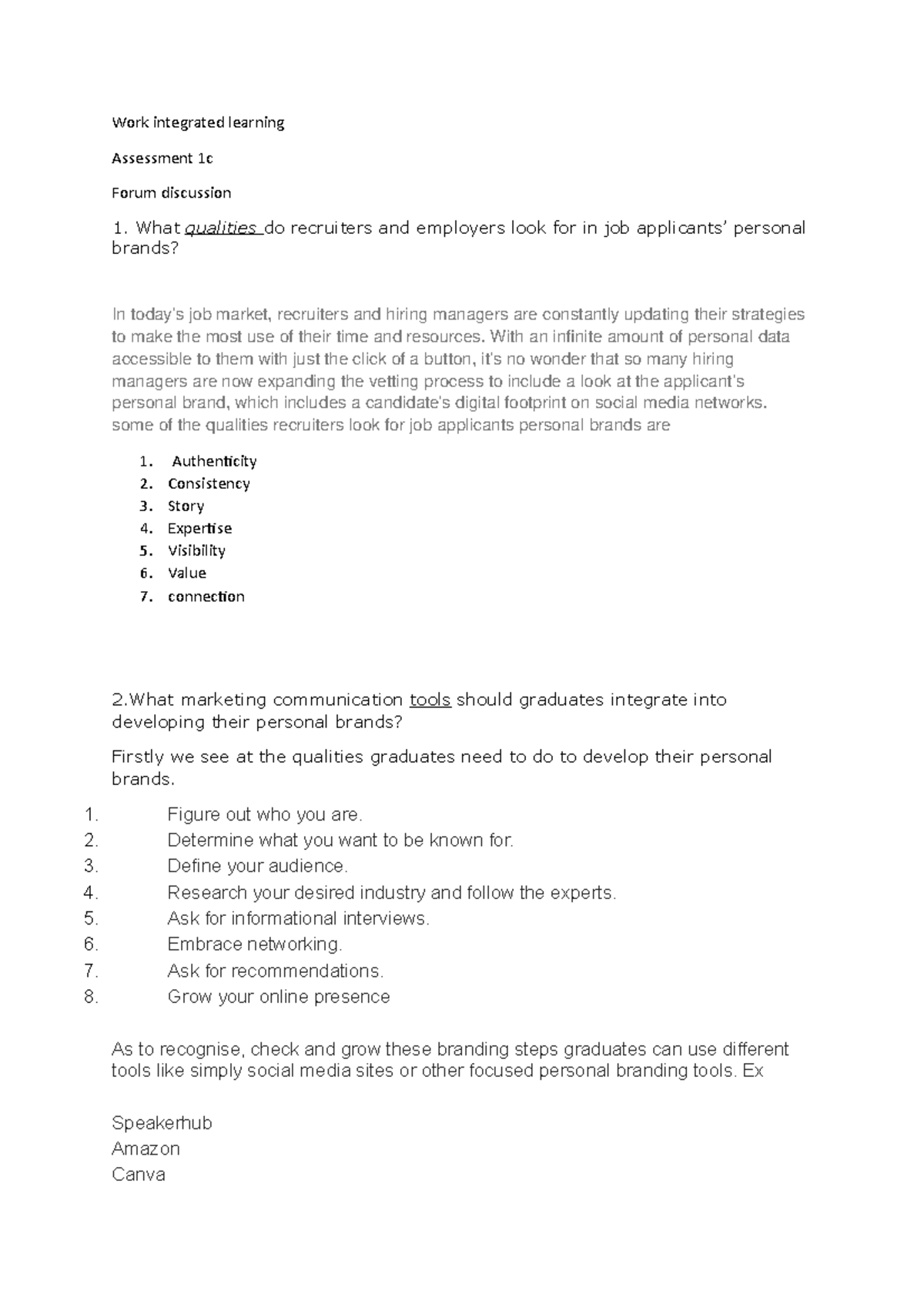 Work integrated learning - Work integrated learning Assessment 1c Forum ...