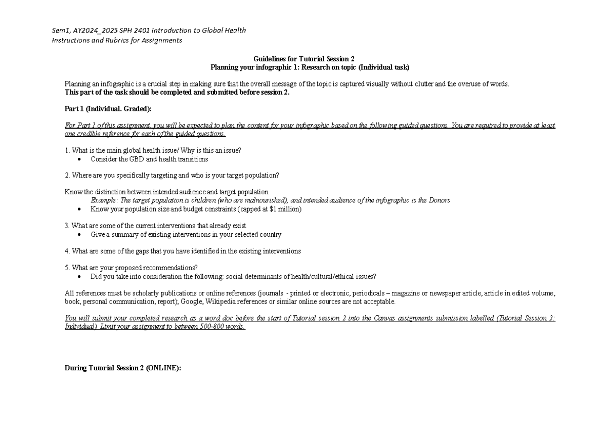 Guidelines for Tutorial Session 2 - Instructions and Rubrics for Assignments Guidelines for ...