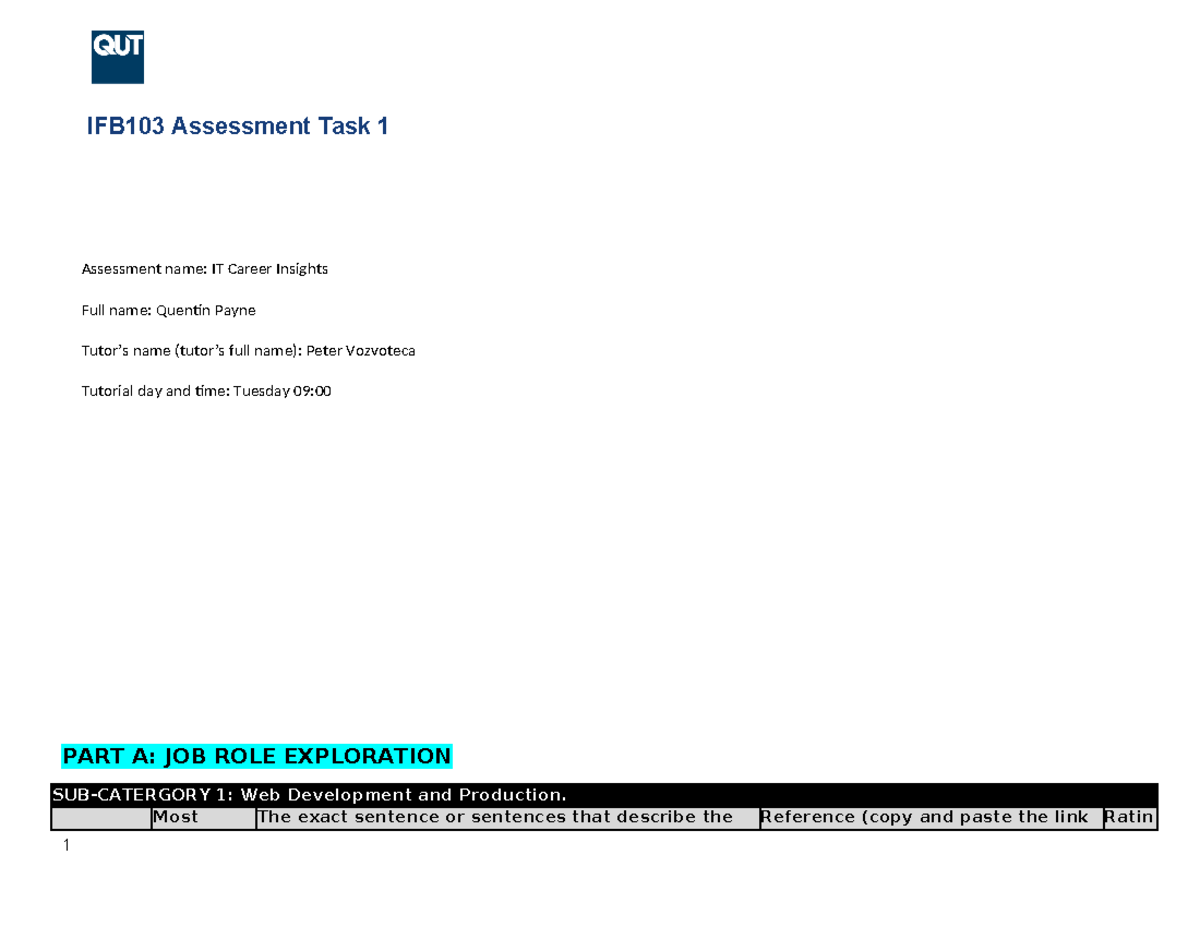 IKLF103 Assessment Task 1 - IFB103 Assessment Task 1 Assessment name ...
