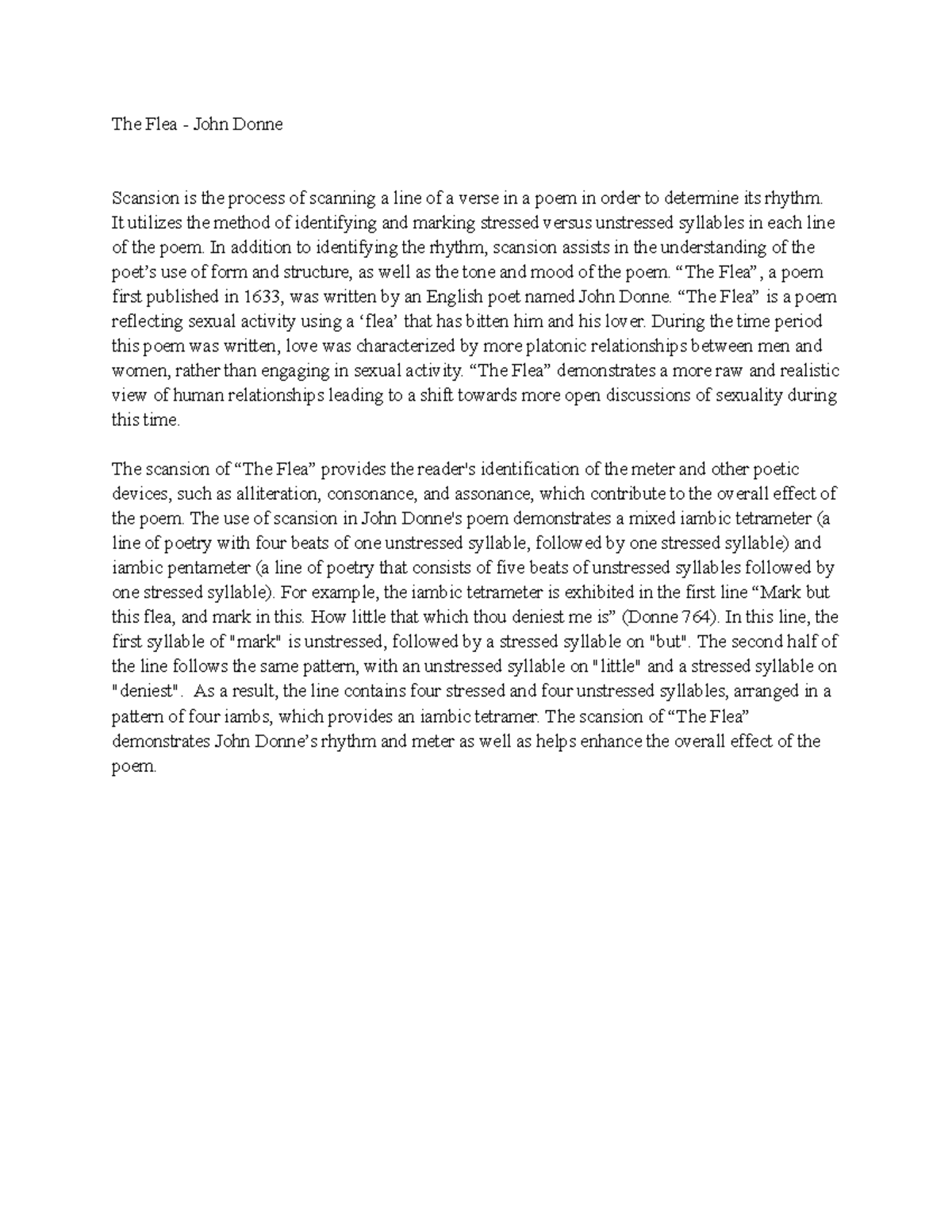 ENGL 419 - poetry scansion - The Flea - John Donne Scansion is the ...