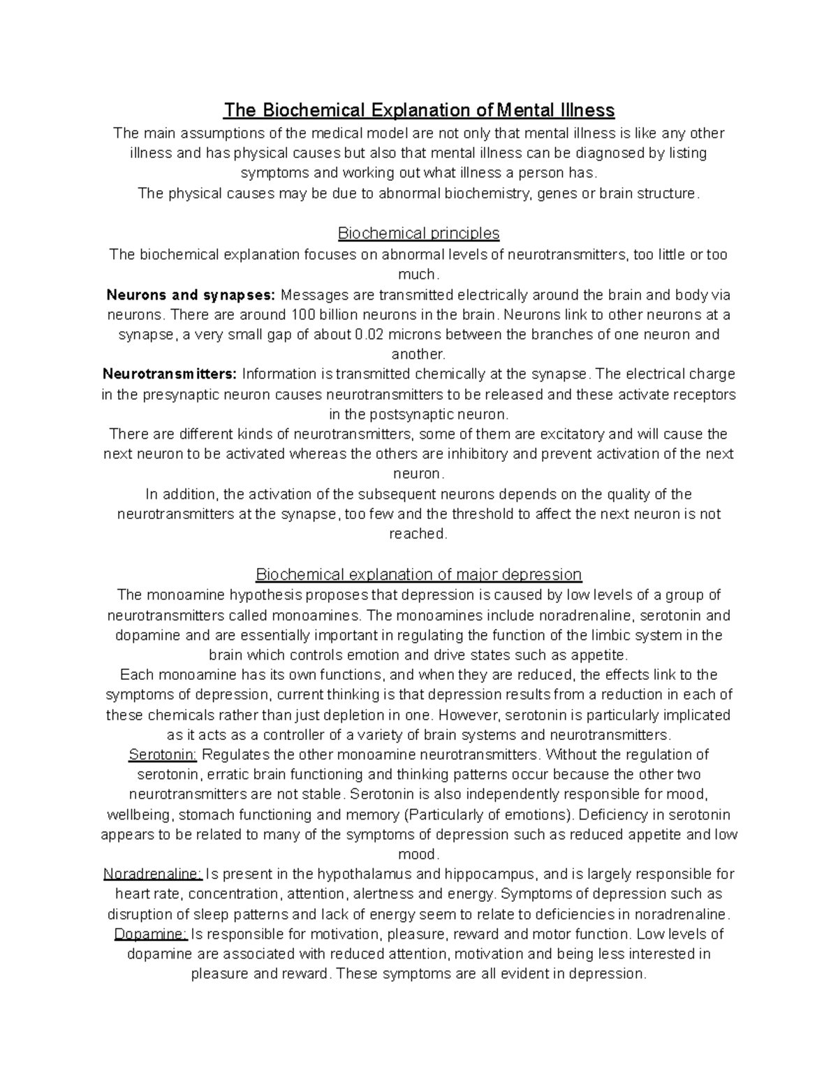 Issues in Mental Health - The Medical Model - Biochemical Explanation ...