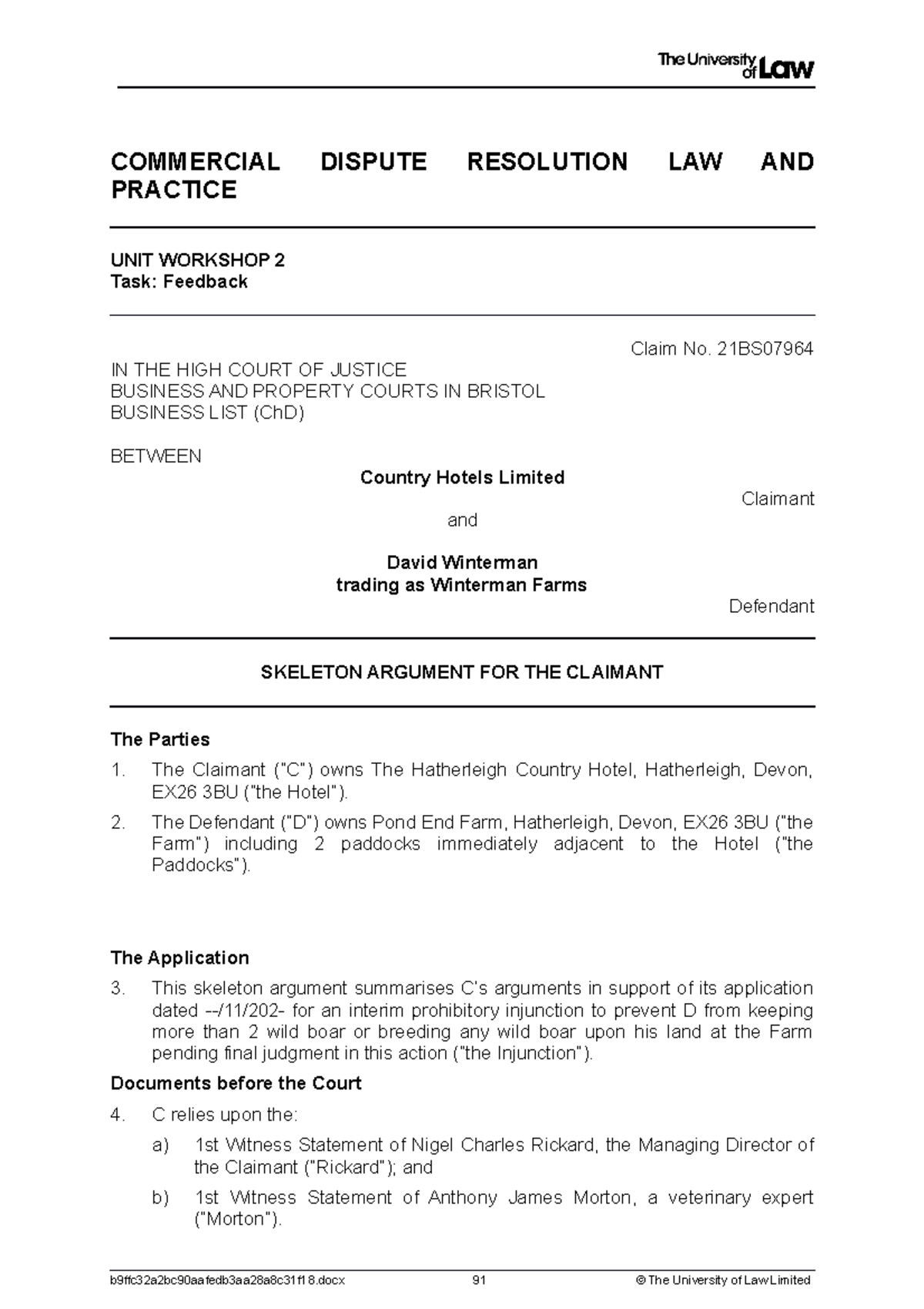 W2 Interim Injunction exemplar - COMMERCIAL DISPUTE RESOLUTION LAW AND PRACTICE UNIT WORKSHOP 2 ...