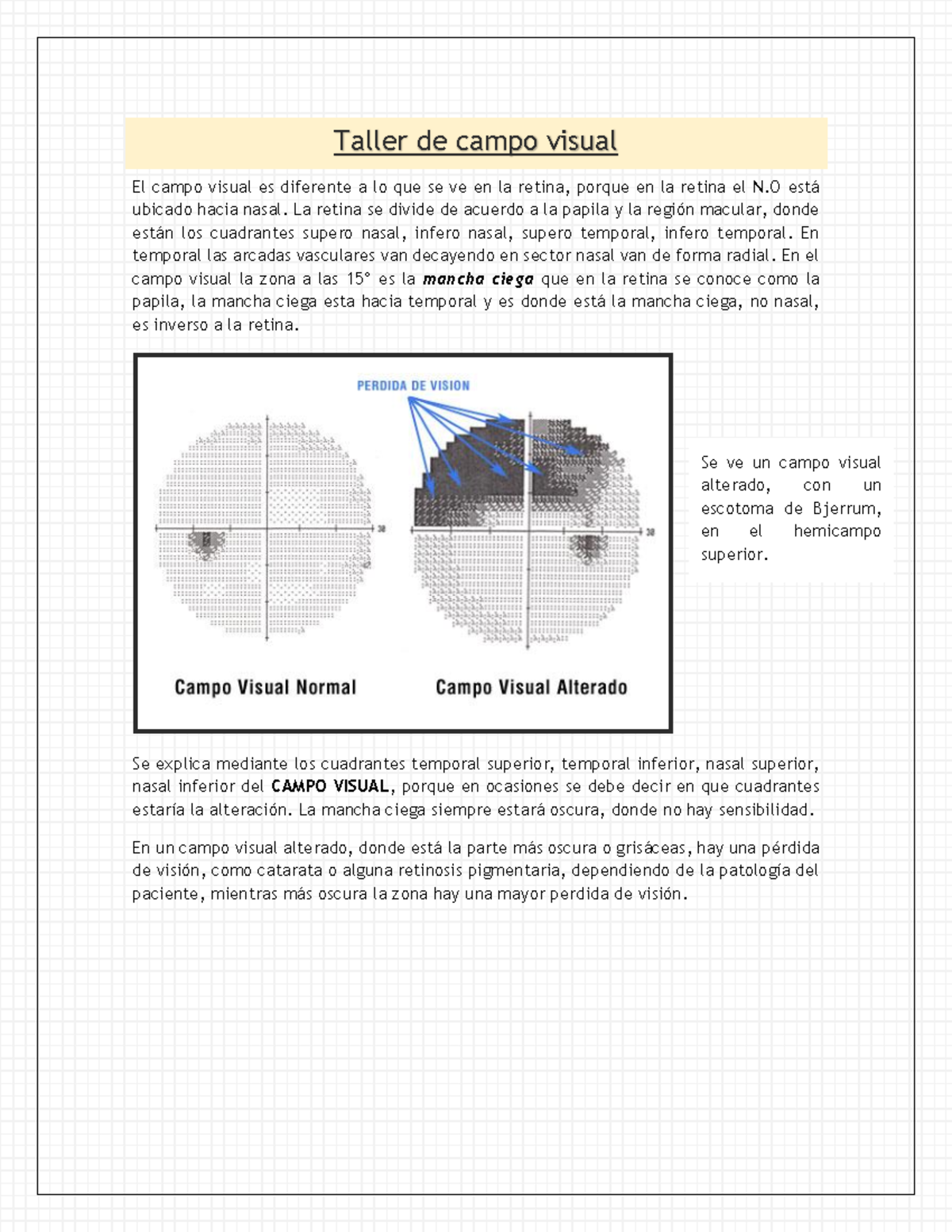 Taller - campo visual - Resumen de lectura de CVC - Taller de campo visual El campo visual es ...