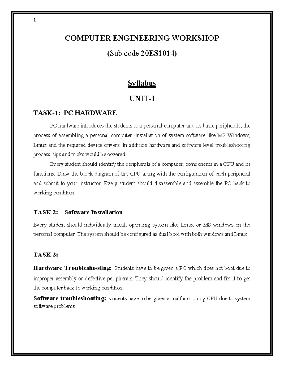 Computer Engineering Workshop Notes Computer Engineering Workshop Sub Code 20es1014 Syllabus