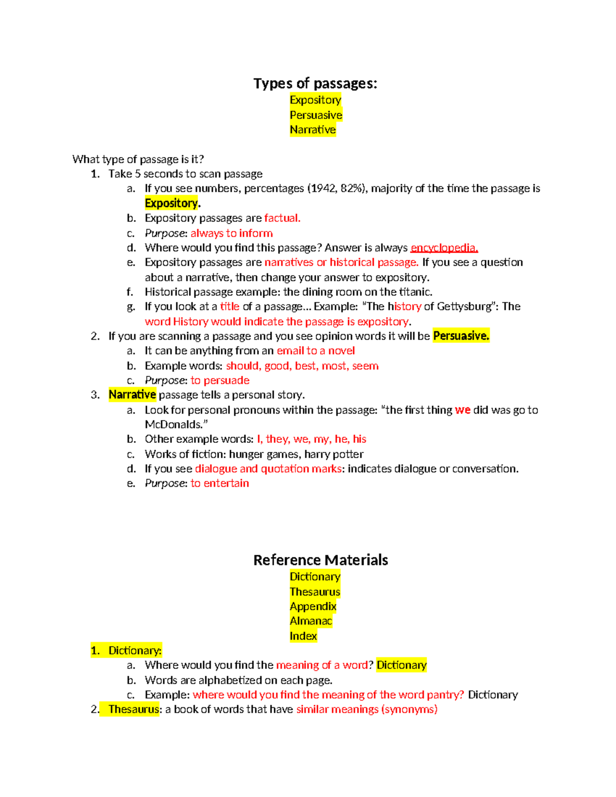 Teas study guide - notes - Types of passages: Expository Persuasive ...