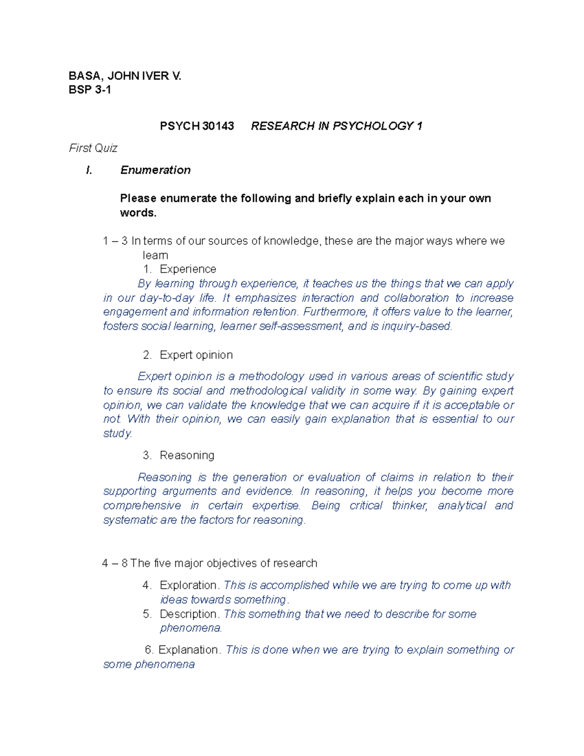 Psych 30143 1st Quiz Research IN Psychology 1 - BASA, JOHN IVER V. BSP ...