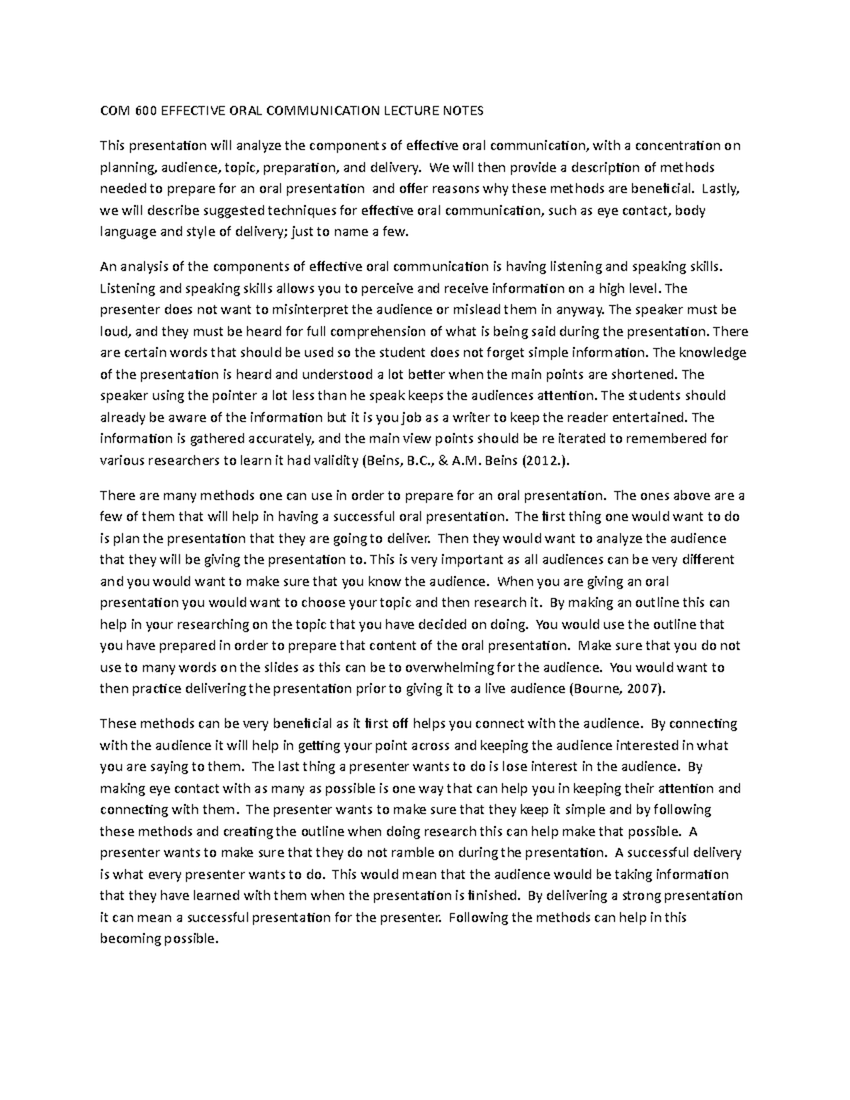 COM 600 Effective ORAL Communication Lecture Notes - COM 600 EFFECTIVE ...