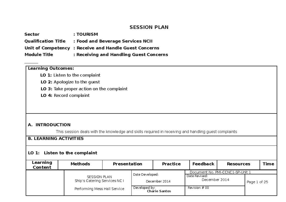 Sample Session Plan output - SESSION PLAN Sector : TOURISM ...