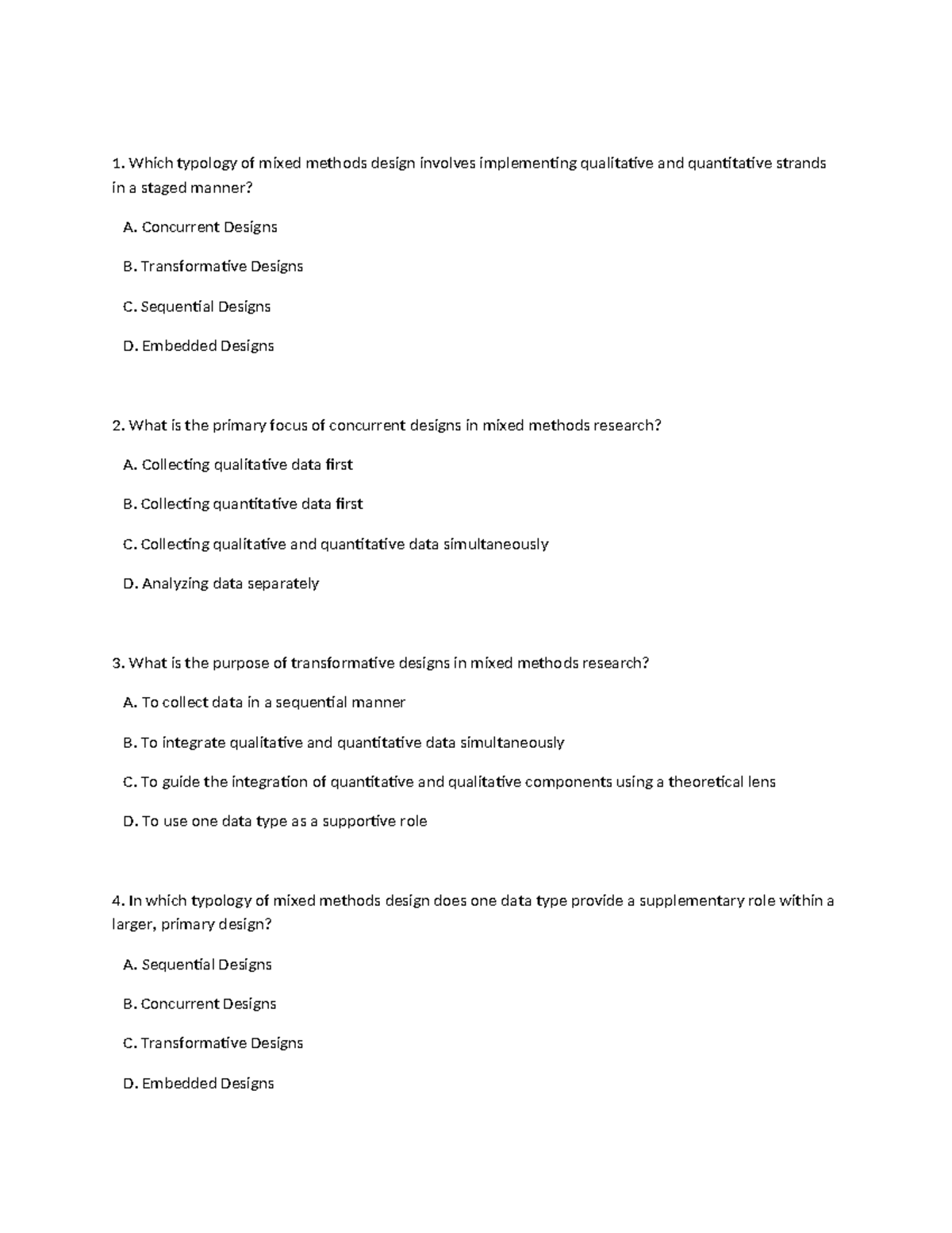 Practice Questions Mixed Methods - Which typology of mixed methods ...