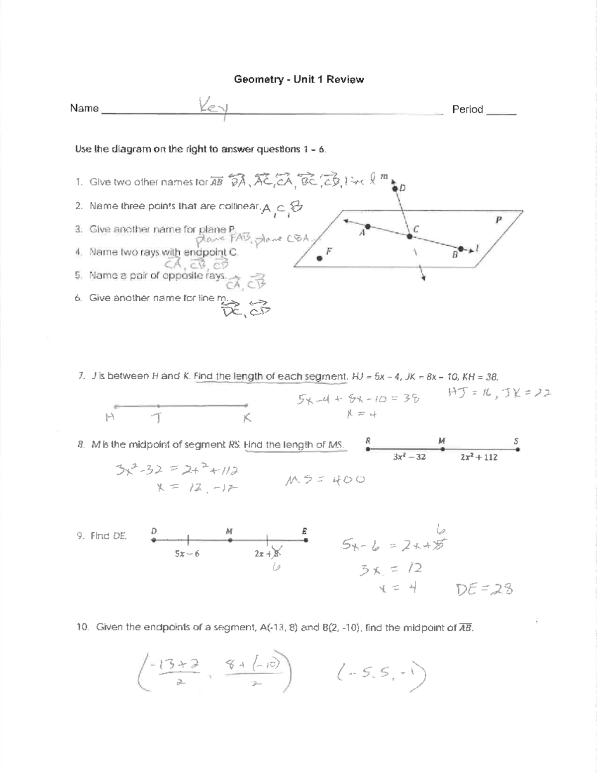 Geometry - Unit 1 Review - KEY - Geometry Unit 1 Review Name Key Period ...