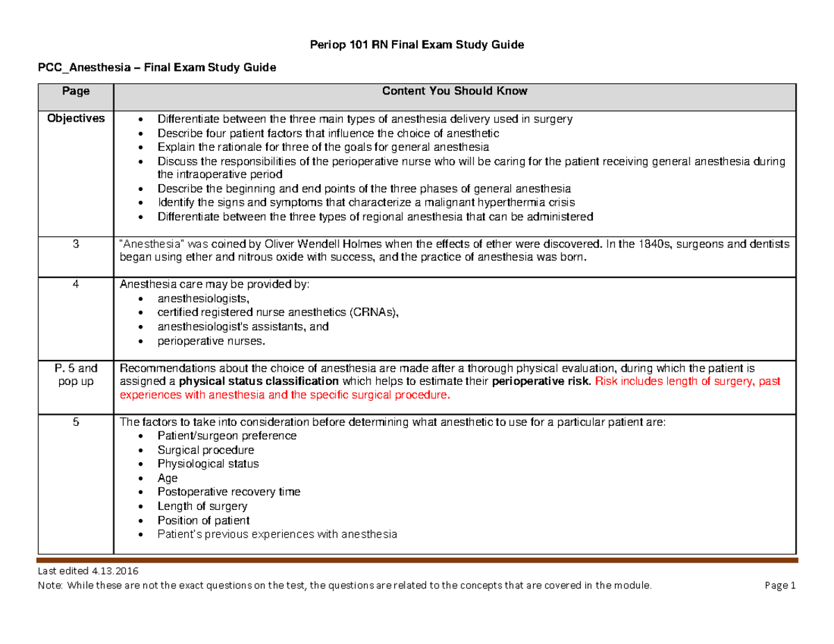 Periop 101 - Review before lecture - Last edited 4. Periop 101 RN Final ...