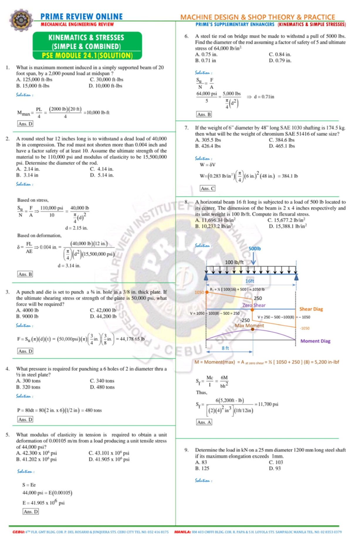 Kinematics Simple Stresses Solution to PSE 24 - PRIME REVIEW ONLINE MACHINE DESIGN SHOP THEORY ...
