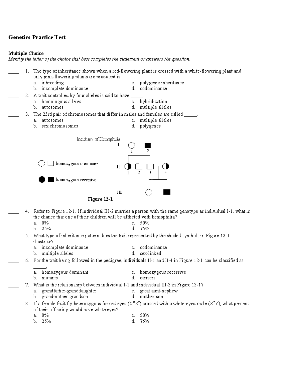 Genetics Practice Test - Genetics Practice Test Multiple Choice ...