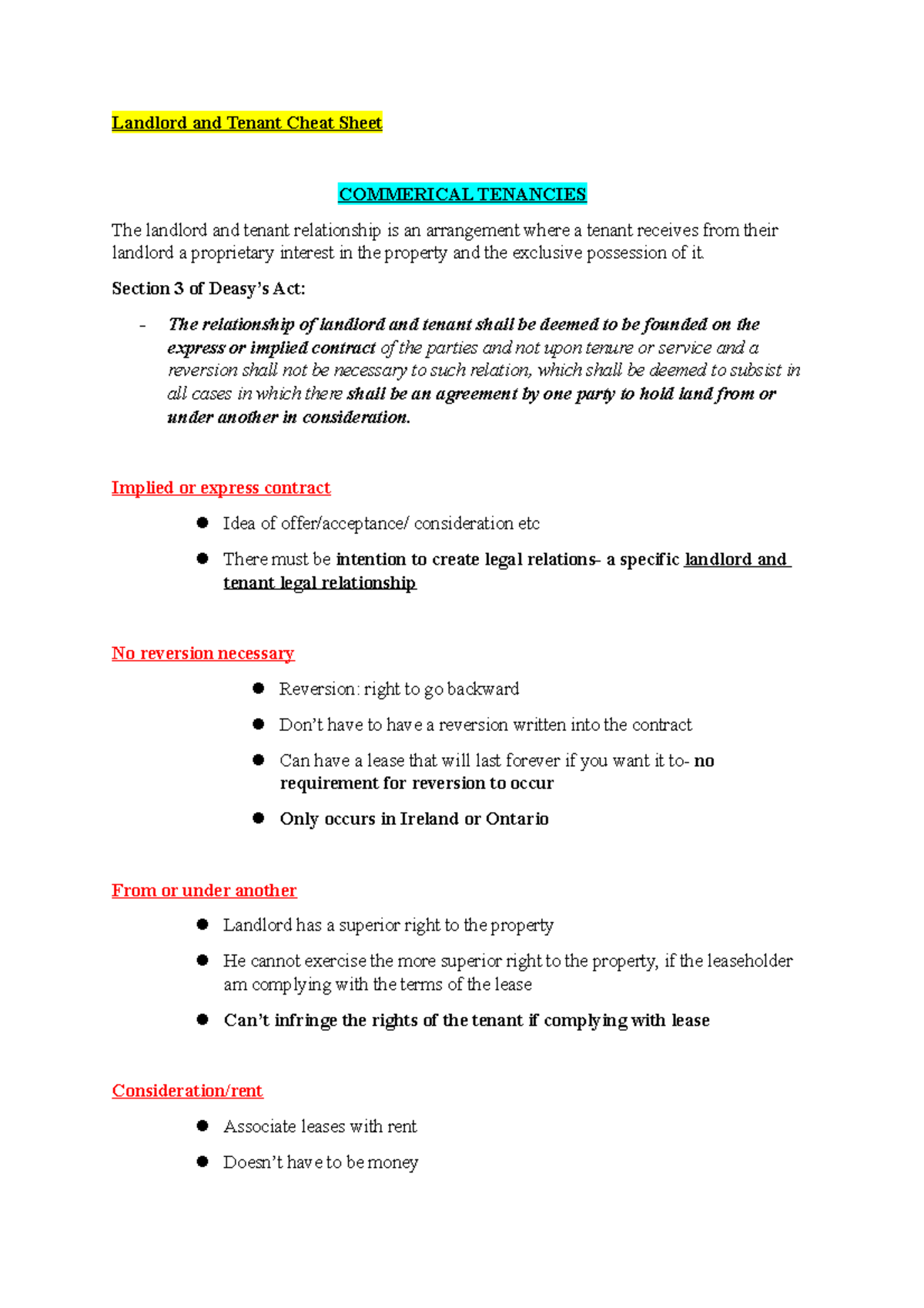 Landlord and Tenant Cheat Sheet - Landlord and Tenant Cheat Sheet ...