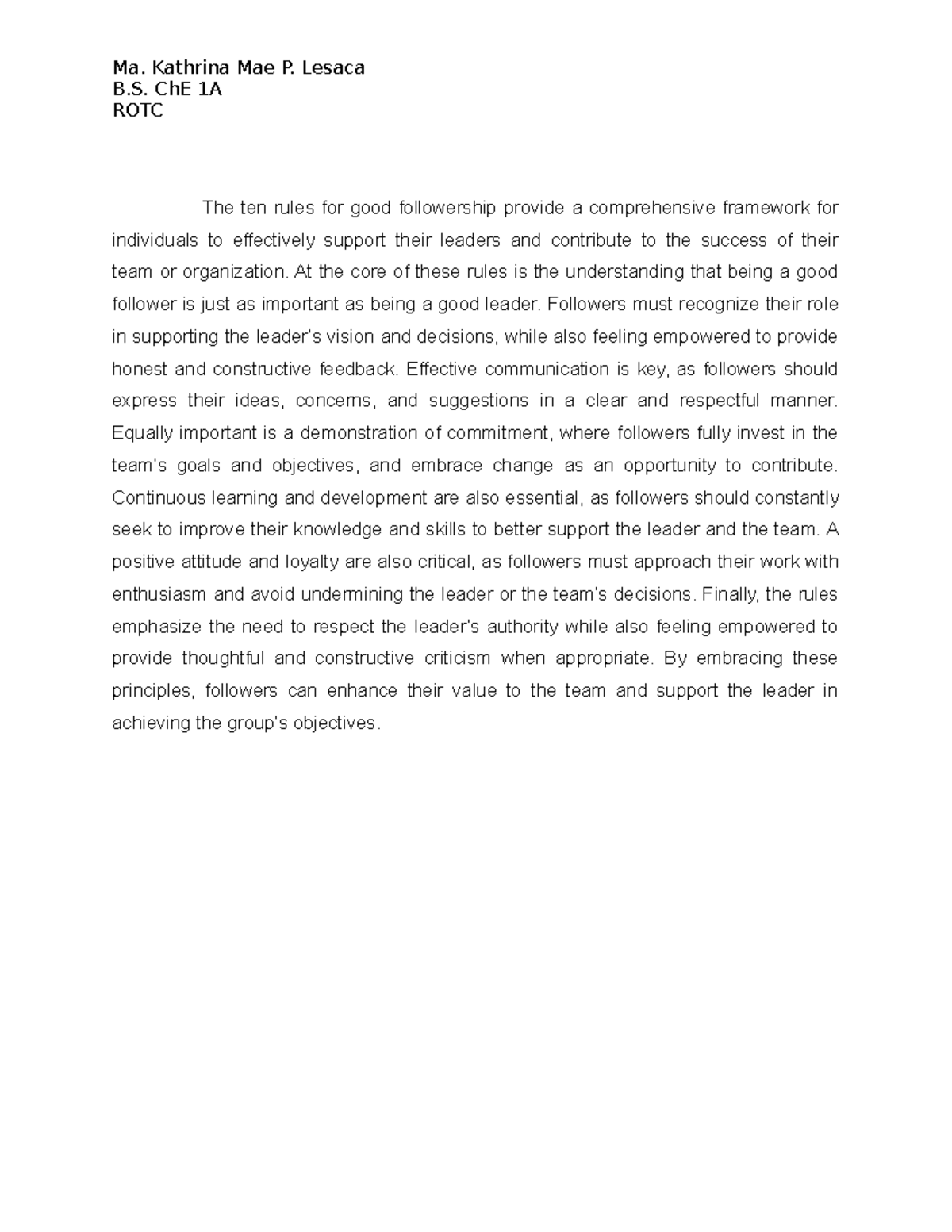 ROTC April 4 2024 - Hmm - Ma. Kathrina Mae P. Lesaca B. ChE 1A ROTC The ten rules for good - Studocu