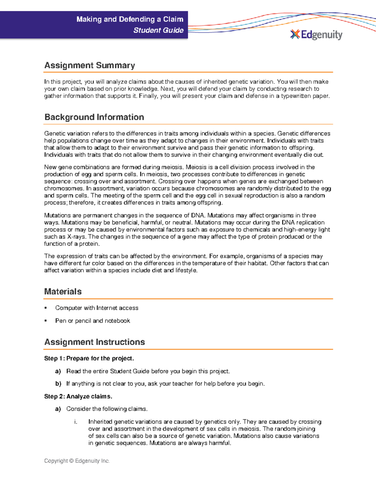 Analyzing Genetic Variation - Student Guide - Copyright © Edgenuity Inc ...