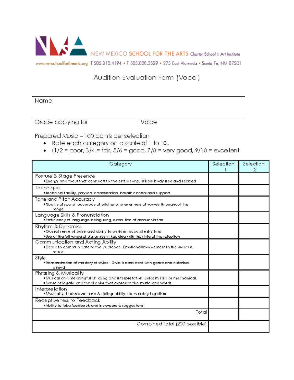 18 19-Vocal-Audition-Rubric - Audition Evaluation Form (Vocal) Name ...