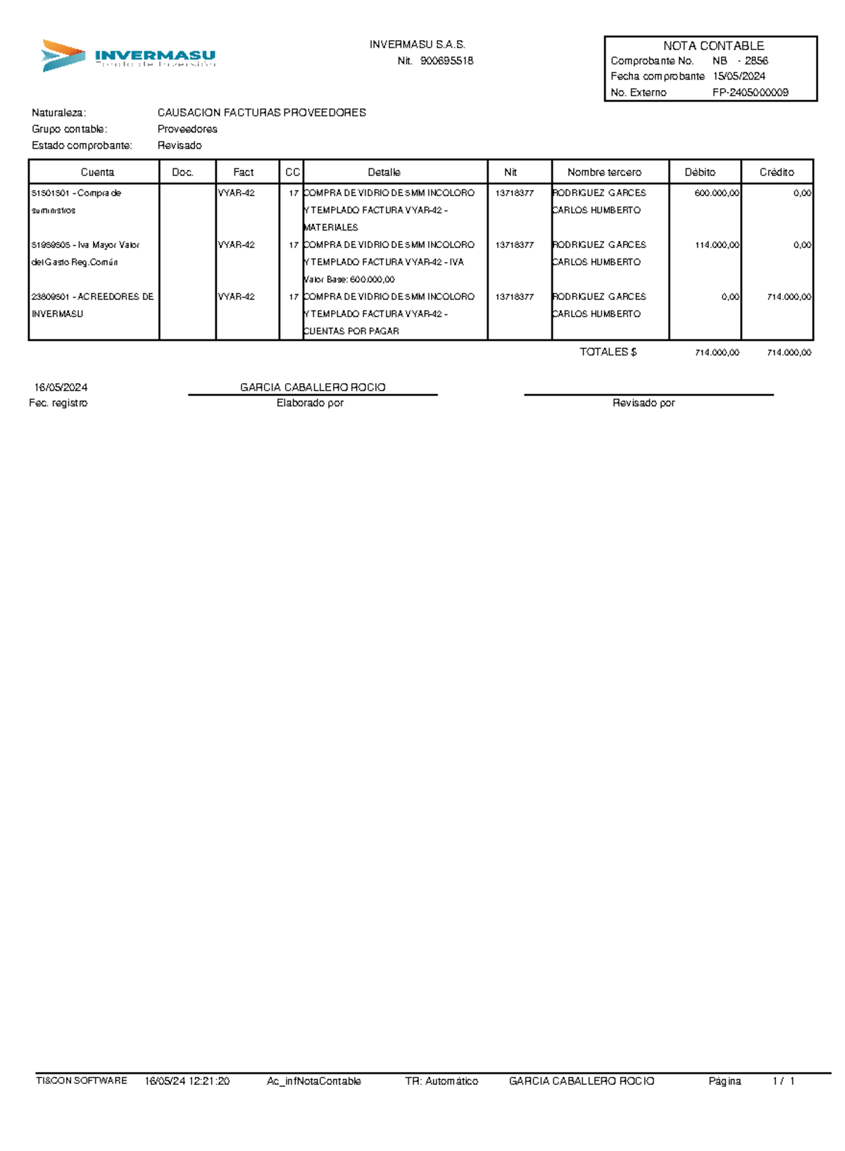 Causacion DE Compra DE Vidrio - INVERMASU S.A. 900695518 Comprobante No ...