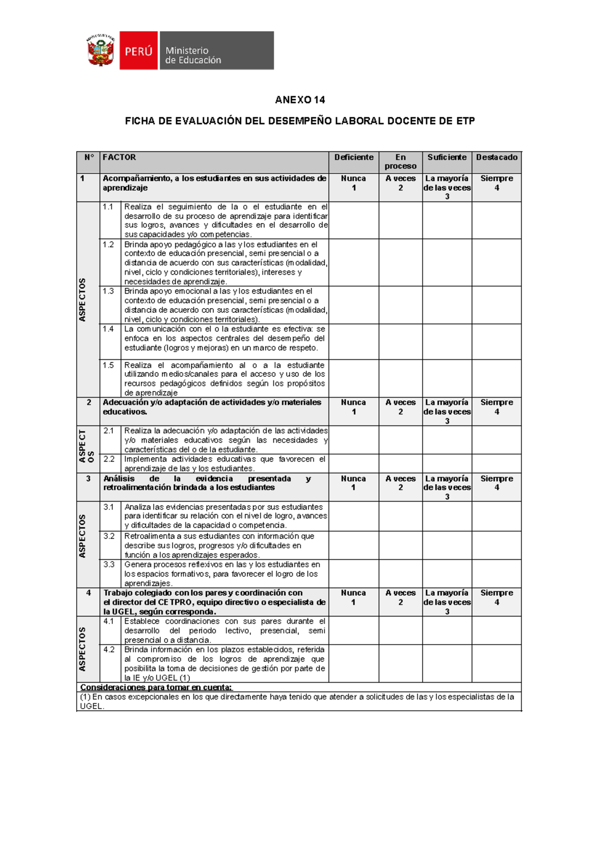 Anexo 14 ficha de evaluacion del desempeno laboral docente de etp - ANEXO 14 FICHA DE EVALUACIÓN ...