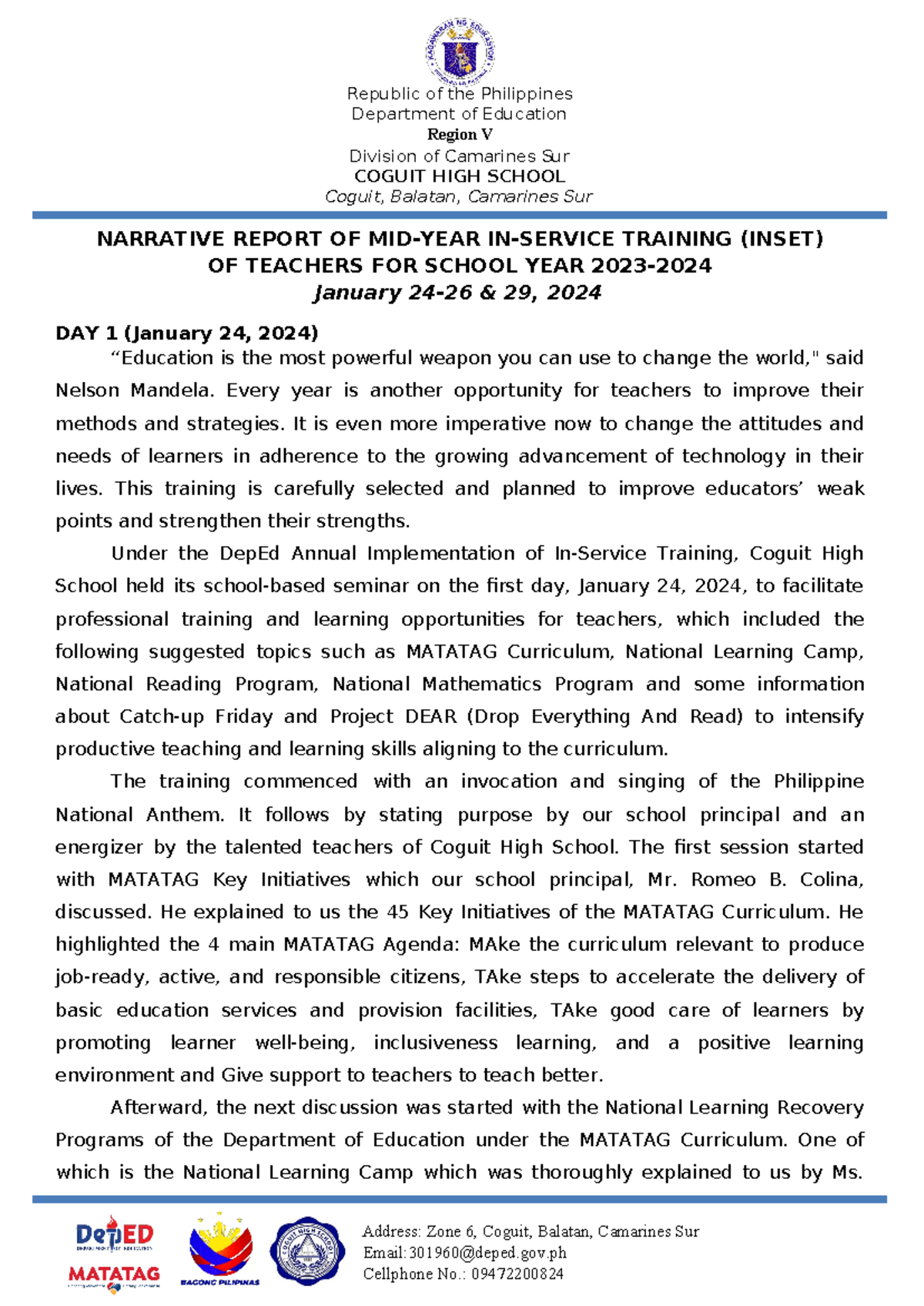 Narrative Report OF MID YEAR Inset 2023-2024 - Department of Education ...